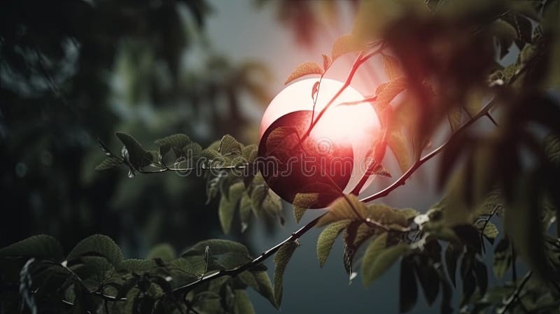 A Red Light Shines through the Leaves of a Tree Stock Illustration ...