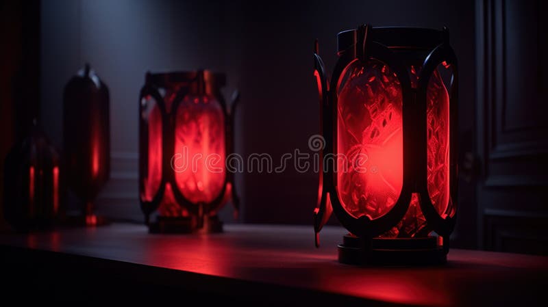 A Red Light Shines on a Table in a Dark Room Stock Illustration ...