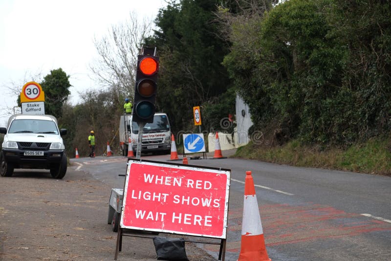 Red Light Sign at Road Works Editorial Image - Image of light, traffic ...