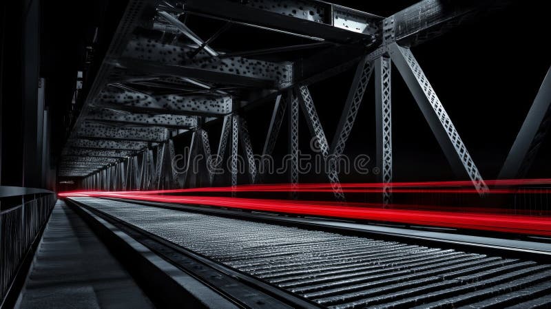 Red Light Streaks Across a Bridge Underpass at Night Stock Illustration ...