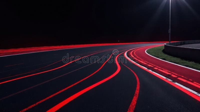 Red Light Trails Illuminating a Winding Road at Night Stock Photo ...