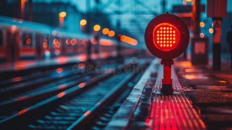 A Red Light on a Train Platform at Night, AI Stock Image - Image of ...