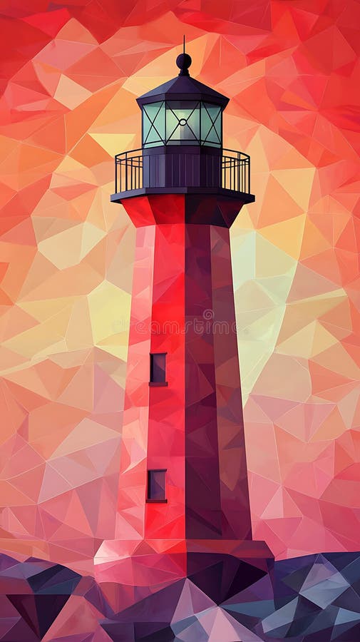 Red Lighthouse Against a Sunset Sky with Geometric Pattern Stock ...
