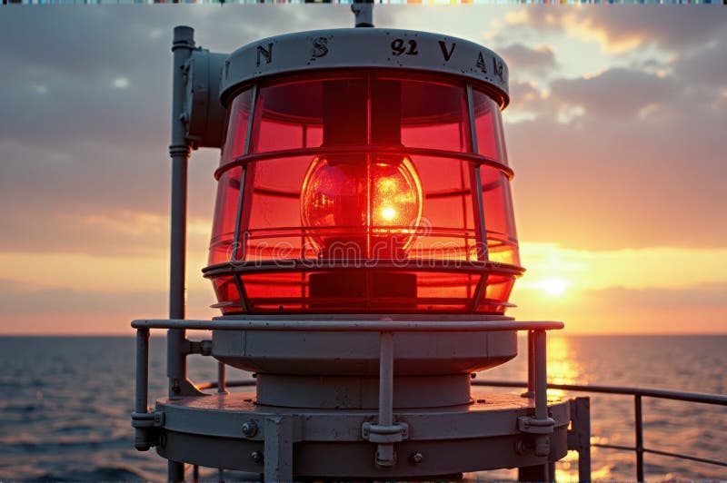 Red Lighthouse Beacon Illuminated at Sunset Over Ocean Horizon Stock ...