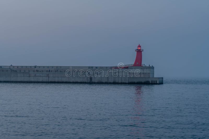 Red Lighthouse on End of Concrete Pier Stock Image - Image of korea ...