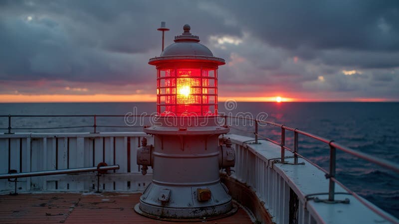 Red Lighthouse Lantern Illuminated Sunset Ocean Horizon Stock Photos ...