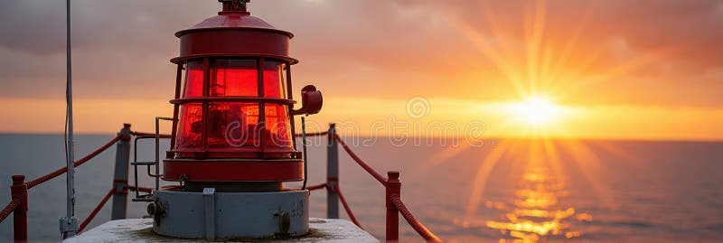 Red Lighthouse Lantern at Sunrise Over Ocean Horizon with Warm Sun Rays ...