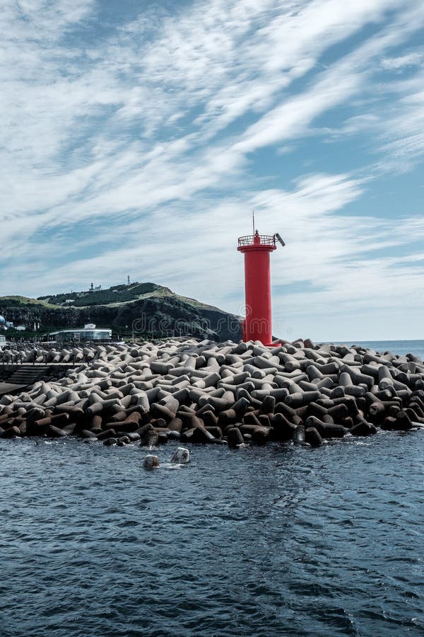 Red Lighthouse in the Marina on the Breakwater Stock Photo - Image of ...