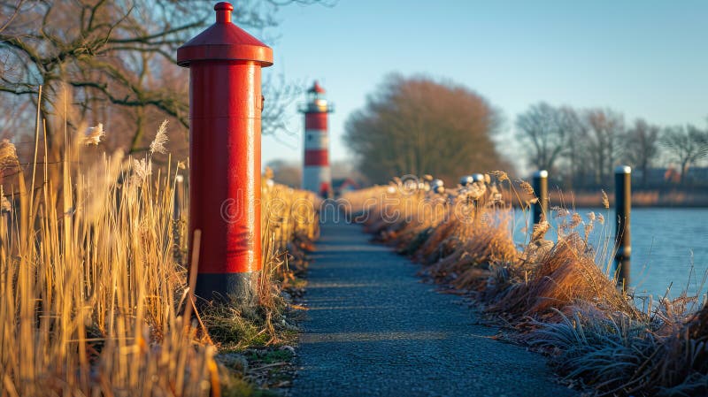 A Red Lighthouse Next To a Path by the Water Stock Photo - Image of ...
