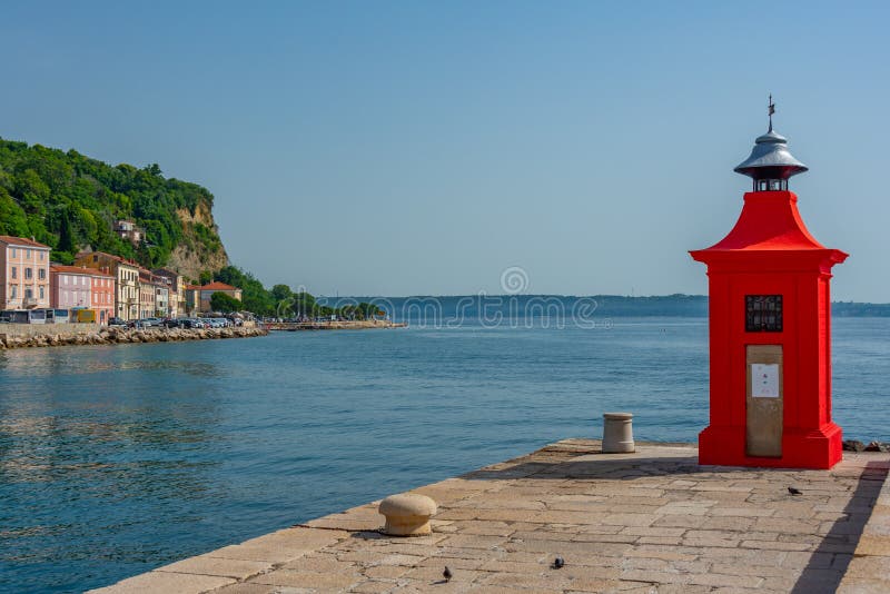 Red Lighthouse at the Port of Piran, Slovenia Stock Image - Image of ...