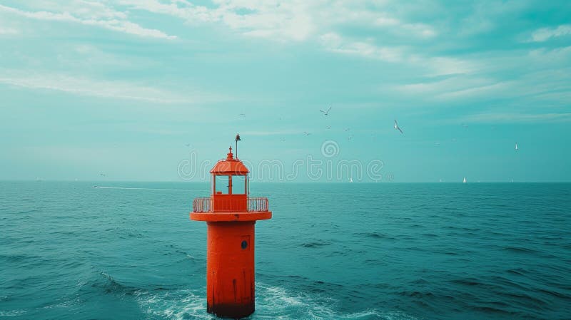 A Red Lighthouse is on a Rocky Shoreline. Generative AI Stock ...