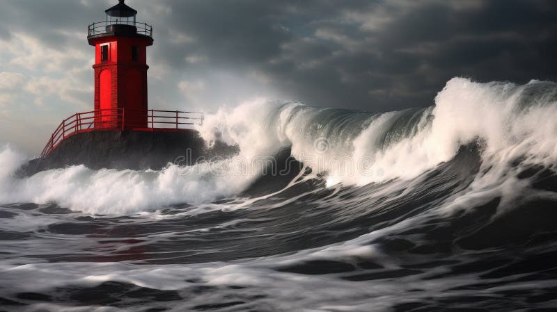 A Red Lighthouse Sitting on Top of a Wave in the Ocean Stock ...