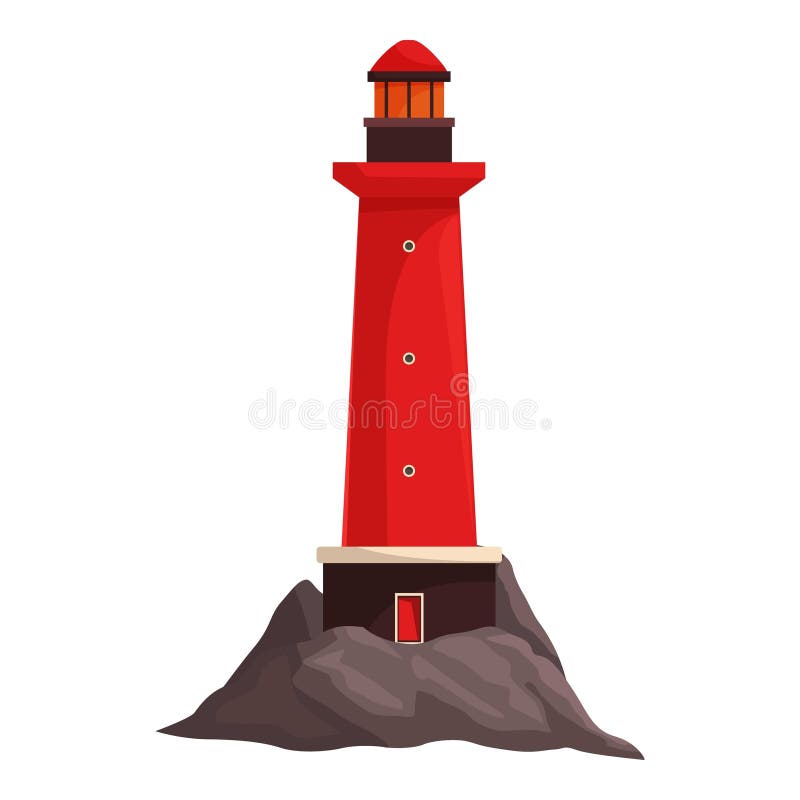 Red Lighthouse Standing on Rocks Guiding Ships with Bright Light Stock ...
