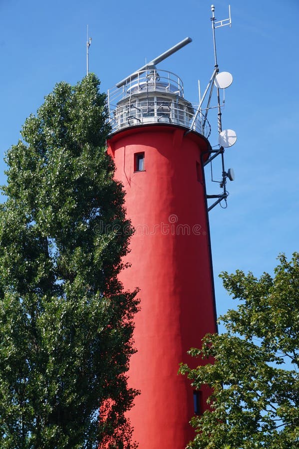 Red Lighthouse - Side View, Trees Stock Photo - Image of tower ...