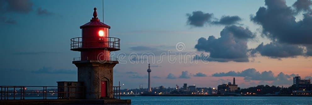 Red Lighthouse at Twilight with City Skyline in Background Stock Image ...