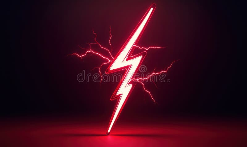 Red Lightning Bolt Neon Sign with Electric Sparks on Dark Background ...