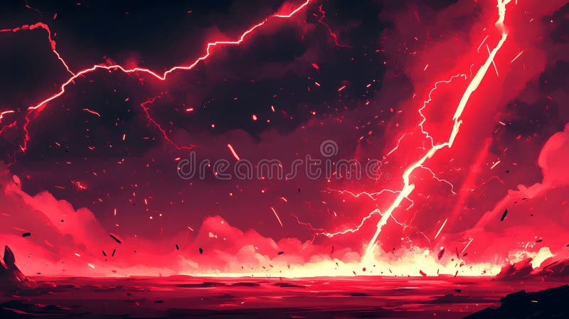 Red Lightning Storm with Falling Debris and Dramatic Sky Stock ...