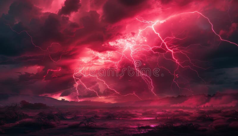 Red Lightning Storm. Thunderstorm with Striking Red Sky Stock Image ...