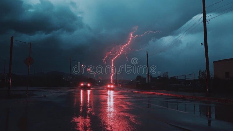 Red Lightning Strikes during a Night Storm in City Stock Illustration ...