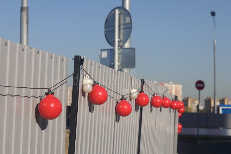 Red Lights on the Fence of a Construction Site, a Metal Fence, 2 Stock ...