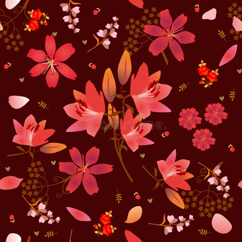 Red Lilies Flowers Ditsy Seamless Pattern in Vintage Style Stock Vector ...