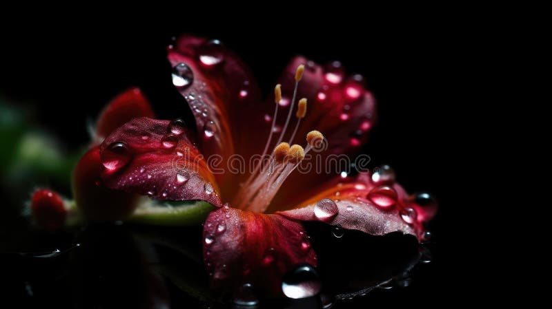 Red Lily Flower with Water Droplets on Petals in Dramatic Lighting ...