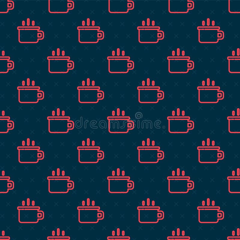 Red Line Coffee Cup Icon Isolated Seamless Pattern on Black Background ...