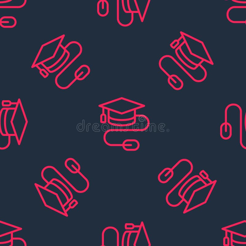 Red Line Graduation Cap with Mouse Icon Isolated Seamless Pattern on ...