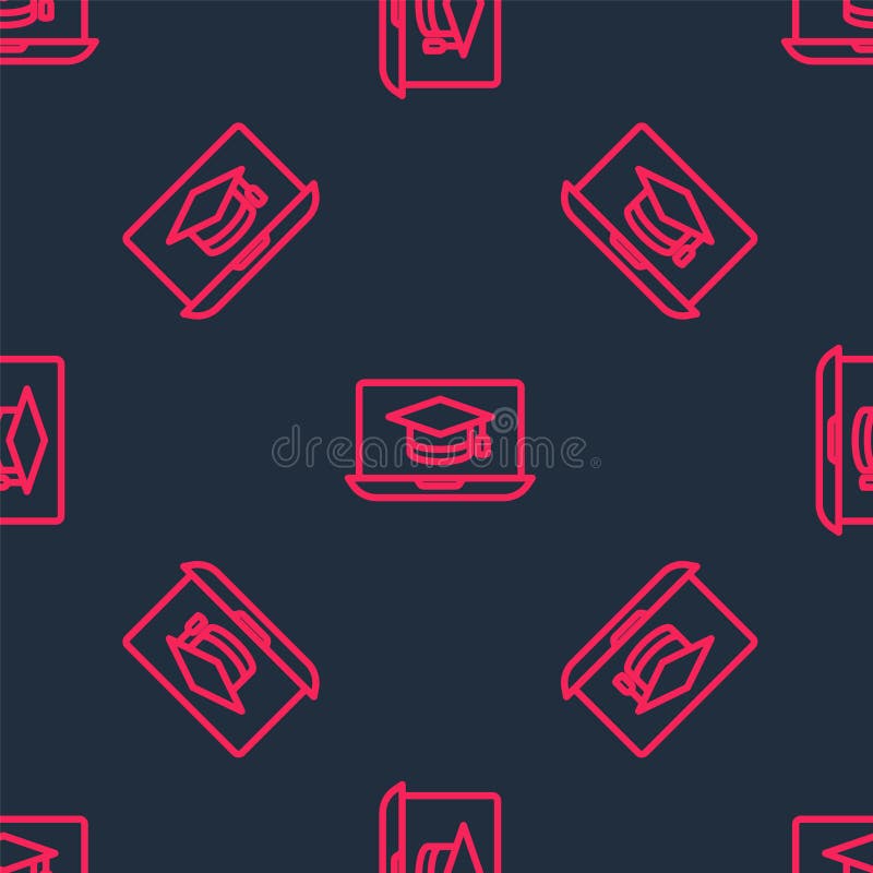 Red Line Graduation Cap on Screen Laptop Icon Isolated Seamless Pattern ...