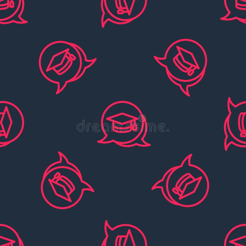 Red Line Graduation Cap in Speech Bubble Icon Isolated Seamless Pattern ...