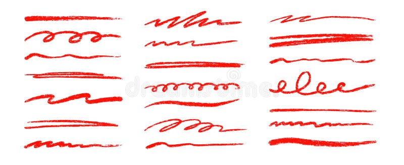Red Line Underline Crayon Pencil Brush Stroke Set. Handwritten ...