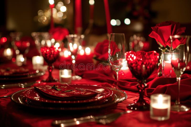 Red Linens, Elegant Dinnerware, and Romantic Candlelight Stock Photo ...