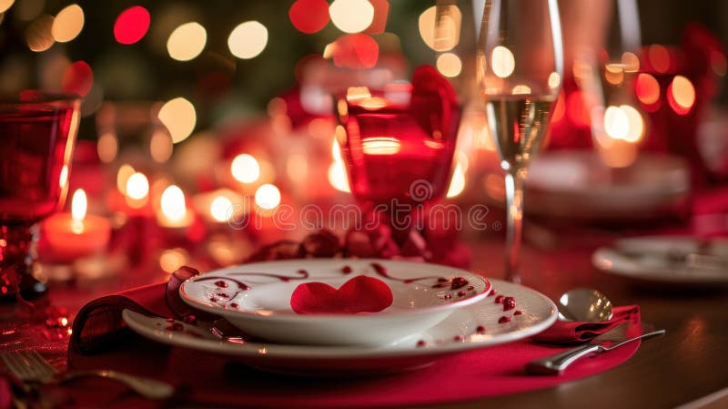 Red Linens, Elegant Dinnerware, and Romantic Candlelight Stock Image ...