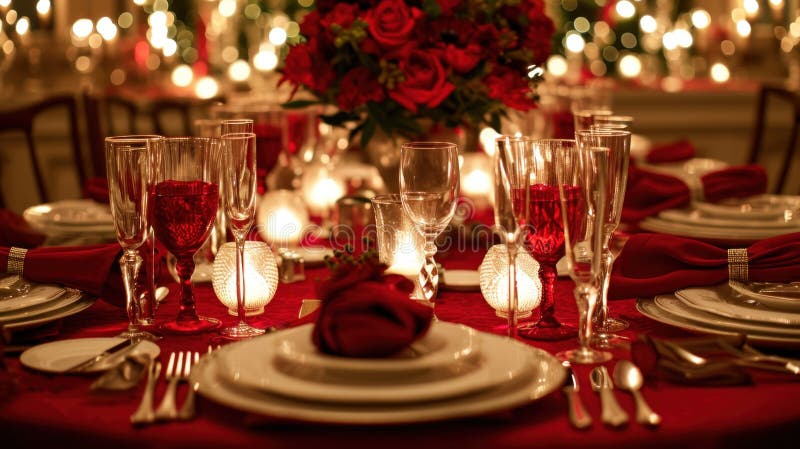Red Linens, Elegant Dinnerware, and Romantic Candlelight Stock Photo ...