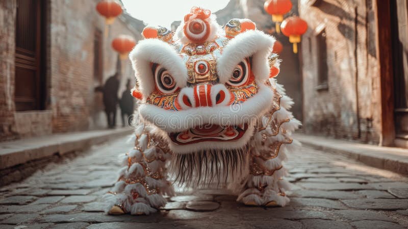 Red Lion Dance Attire Set Against a Backdrop of Festive Chinese ...