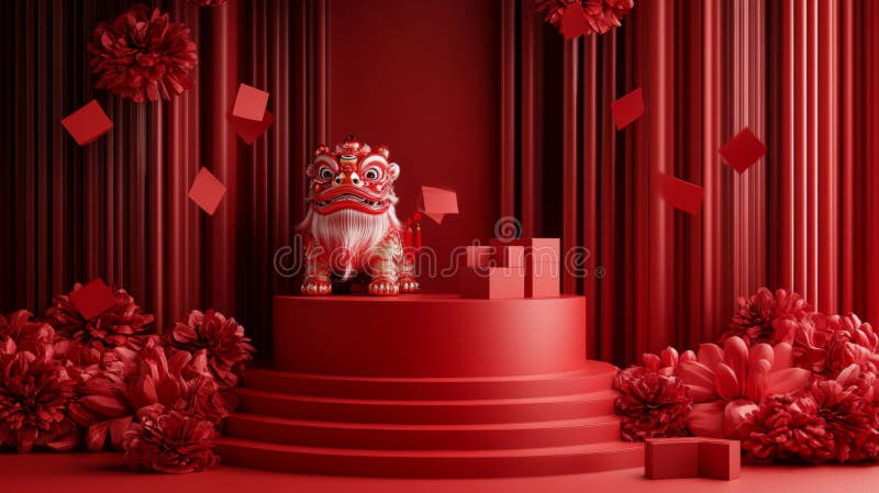 Red Lion Dance Figurine Displayed on Red Stage Stock Illustration ...