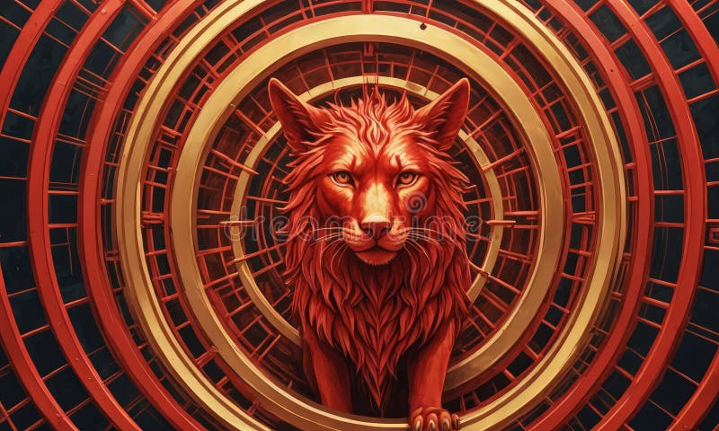 Red Lion Statue with Golden Mane Stands in Circular Pattern, Surrounded ...