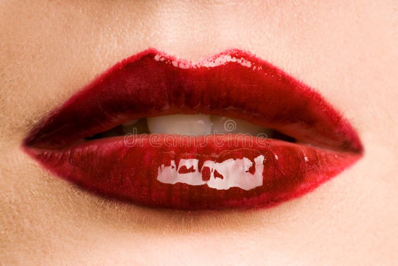 Cosmetics. Fashion Bright Red Lips Glossy Make-up Stock Photo - Image ...