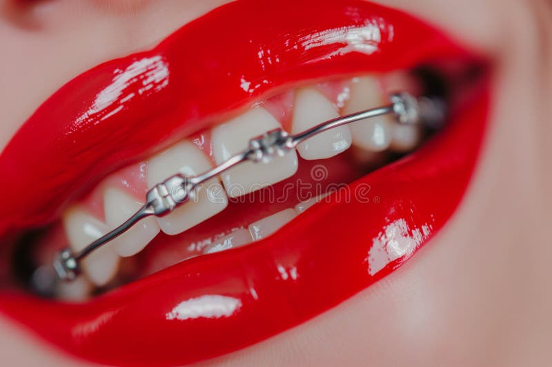 Red Lips with Braces, Smiling Brightly Stock Image - Image of dental, beauty: 307449401