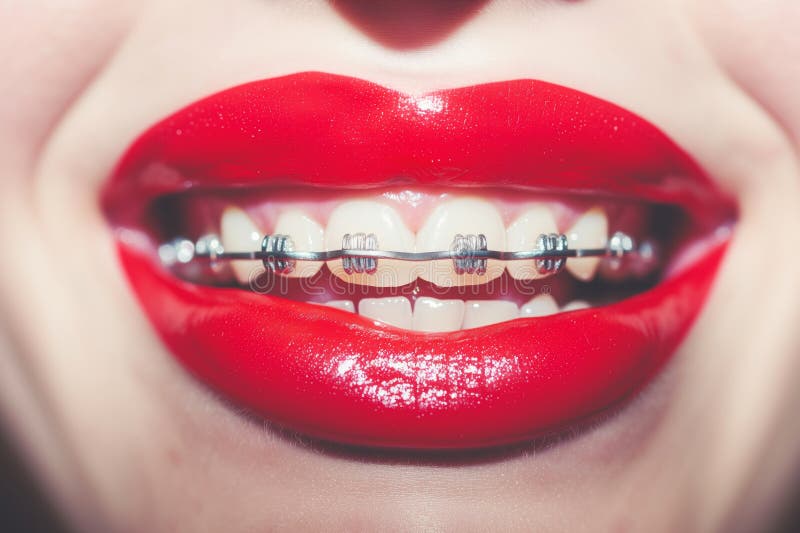 Red Lips with Braces, Smiling Brightly Stock Image - Image of smile, confidence: 307449411
