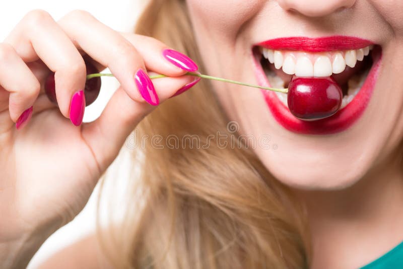 Red lips with cherry stock photo. Image of diet, flirt - 73810132