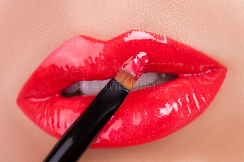Red lips close-up. stock photo. Image of brush, makeup - 59347414