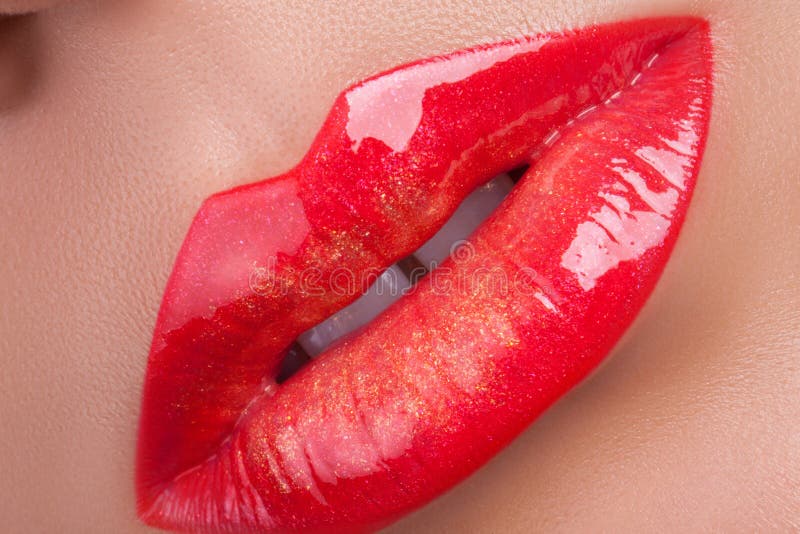 Red lips close-up. stock photo. Image of girl, glossy - 59348776