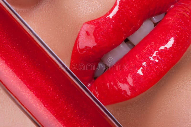 Red lips close-up. stock image. Image of full, brush - 59348899