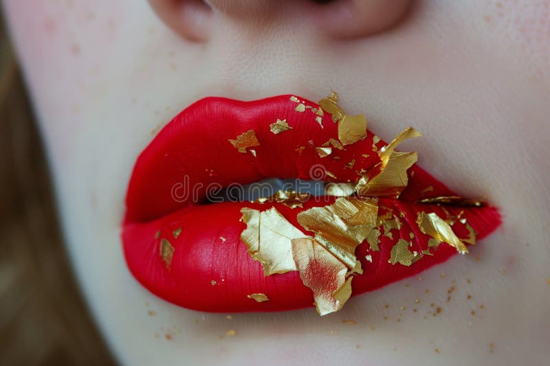 Red Lips with Gold Leaf Flakes Adorning Them Stock Image - Image of ...