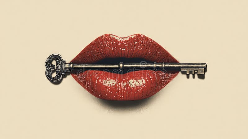 Red Lips Holding a Vintage Skeleton Key Stock Photo - Image of design ...