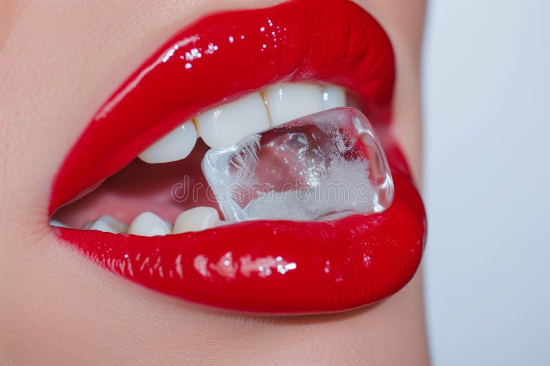 Red Lips with Ice Cube Held between Teeth Stock Image - Image of lips ...