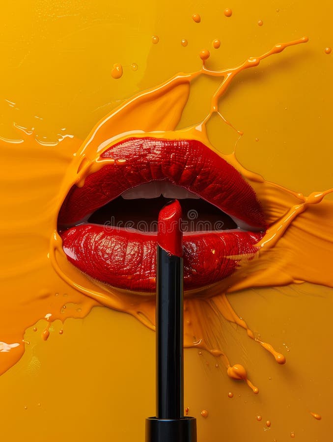 Red Lips with Lipstick and Orange Splash Background. Stock Image ...