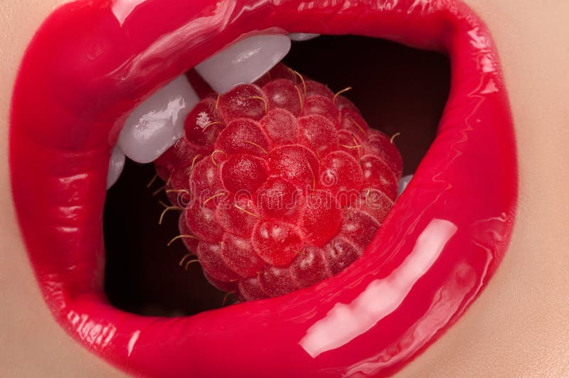 Red lips with raspberry. stock photo. Image of bright - 59348140