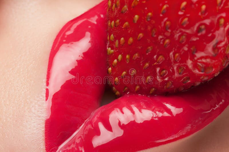 Red lips with strawberry. stock image. Image of cosmetics - 59348933